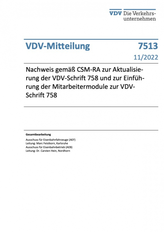 VDV-Mitteilung 7513: Nachweis gemäß CSM-RA zur Aktualisierung der VDV ...